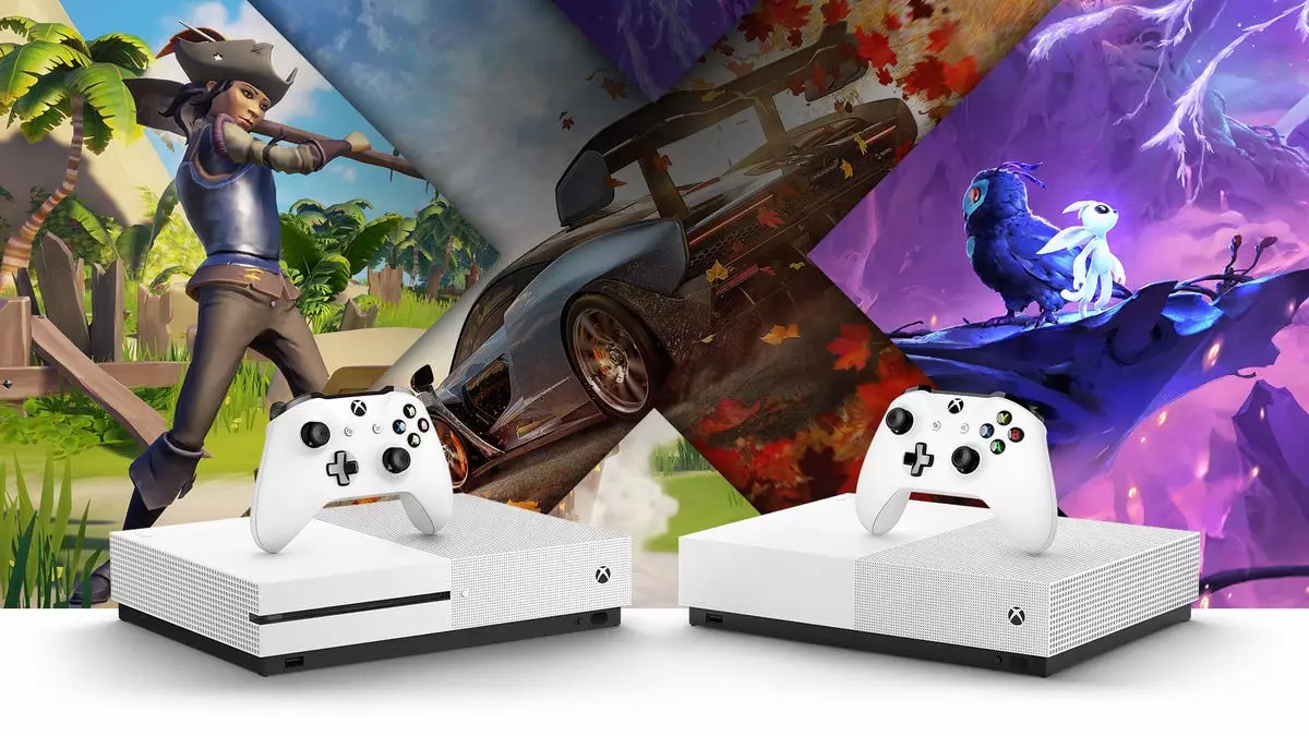 Xbox One S obok Xbox One S All-Digital z tłem Sea of Thieves, Forza Horizon, Ori and the Blind Forest