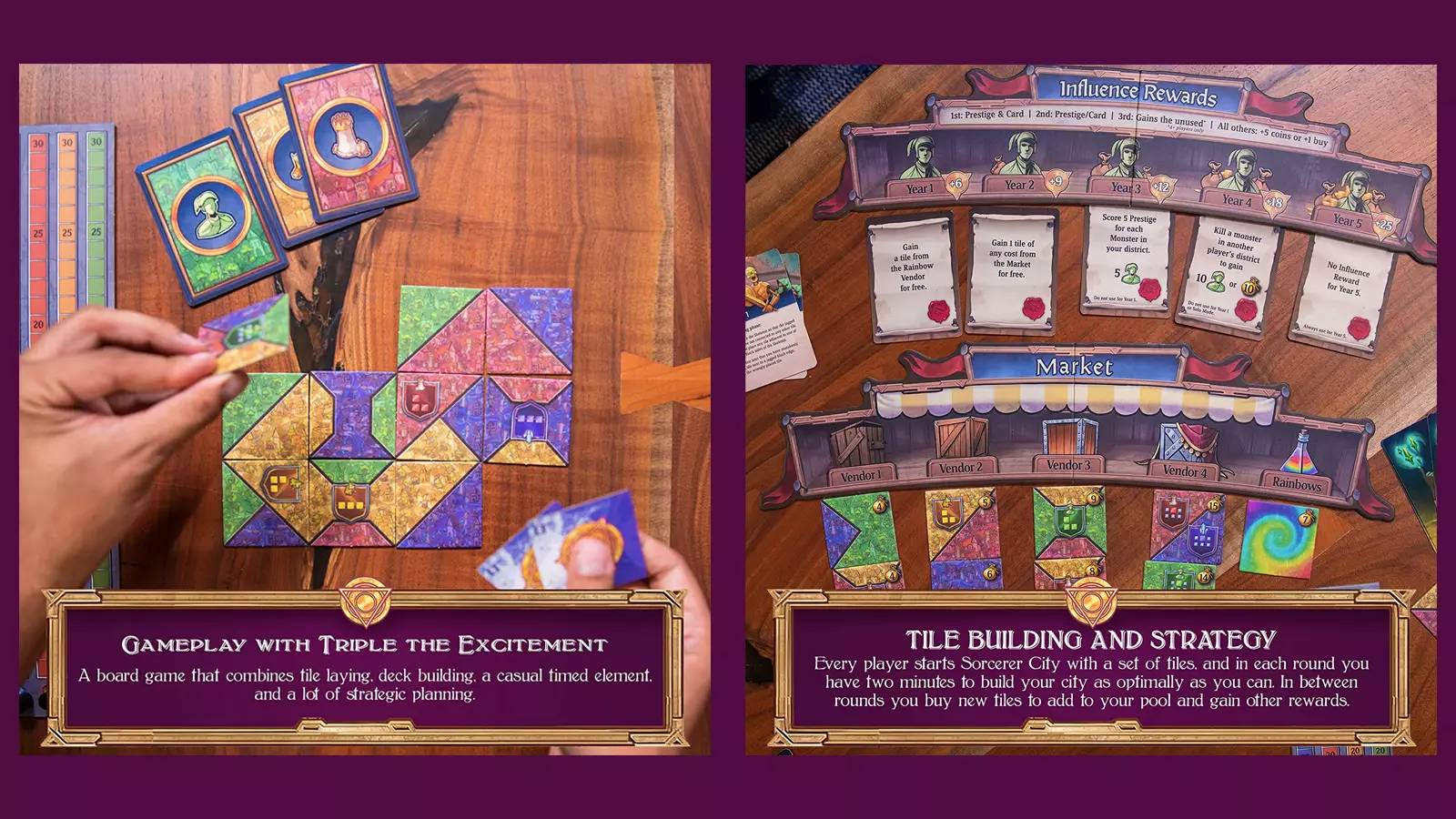 काठको टेबलमा जादूगर सिटी बोर्ड खेल घटकहरूको शीर्ष-डाउन दृश्य