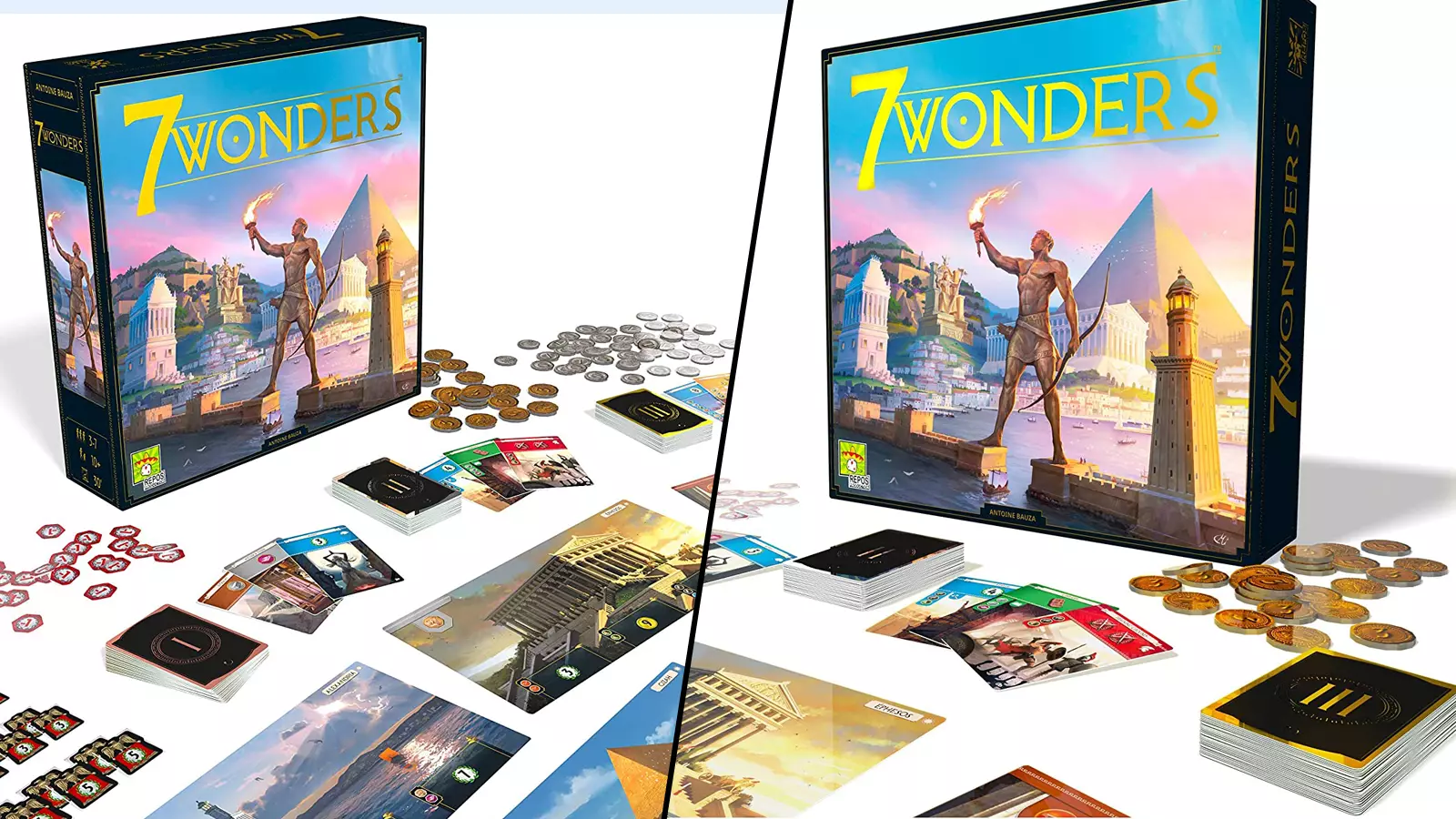 Vista da caixa 7 Wonders e vários componentes do jogo contra um fundo branco