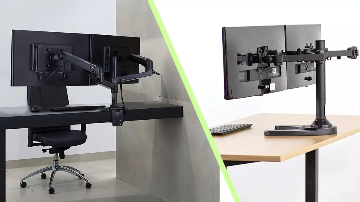 Ergotron LX Dual Monitor Stand жана VIVO Freestanding Dual Monitor Stand сүрөттөрү коллажда