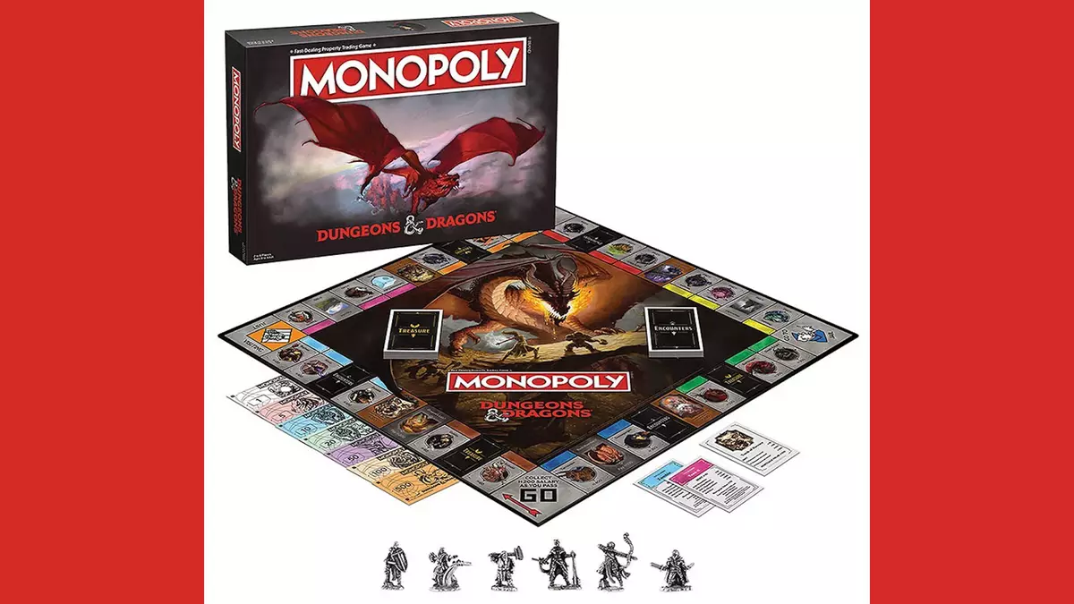 Monopolija: požemių ir drakonų dėžutė, lenta, pinigai, žetonai ir kortelės, išdėstytos ant paviršiaus