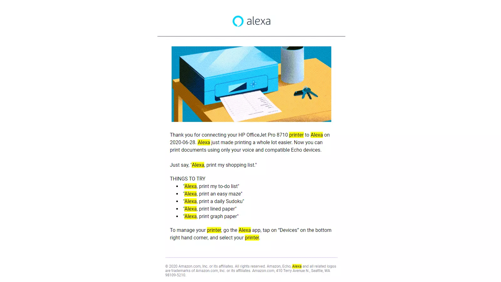 Un correo electrónico, agradecendo ao usuario por conectar unha impresora a Alexa