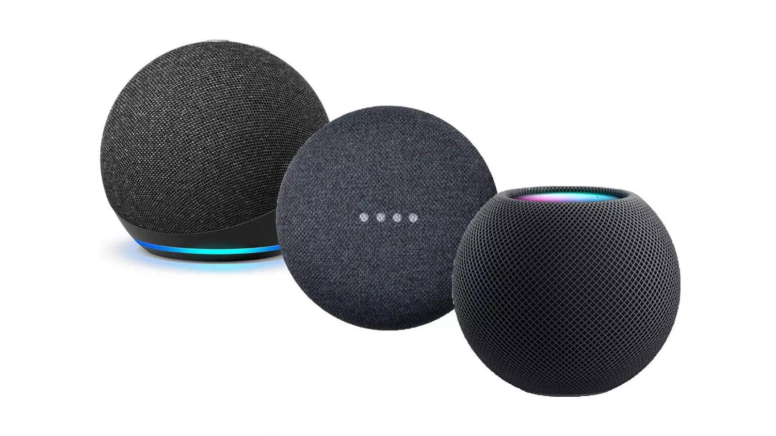 Apple HomePod Mini, Google Nest Mini și Echo Dot într-o linie