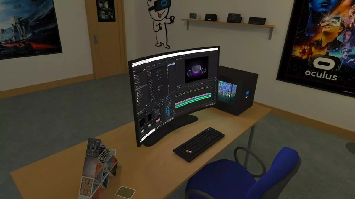 Um escritório de RV com um desktop de computador simulado na mesa de RV