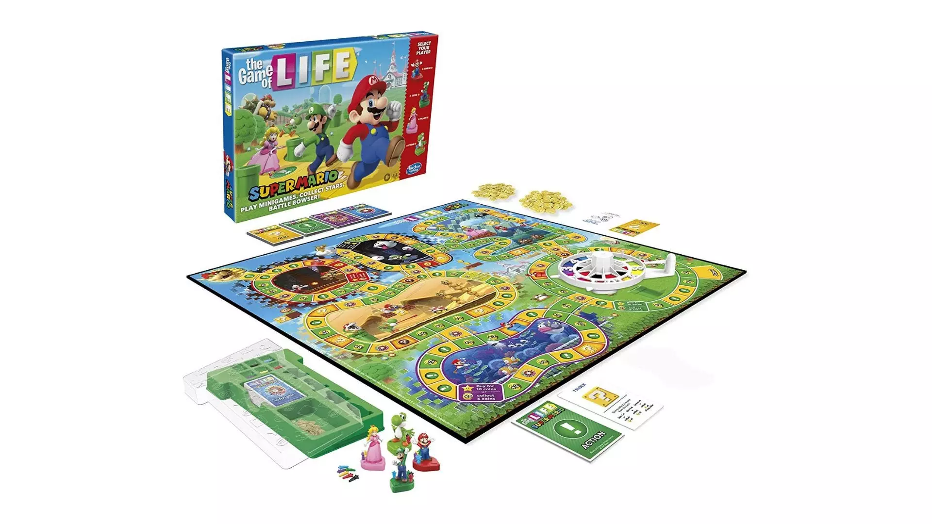 Caja y contenido del juego de mesa The Game of Life Edición Super Mario