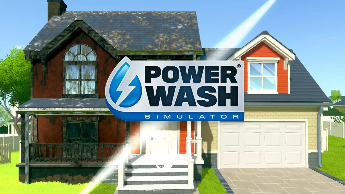לוגו המשחק 'PowerWash Simulator' על תצוגה מפוצלת של בית חצי נקי וחצי מלוכלך.