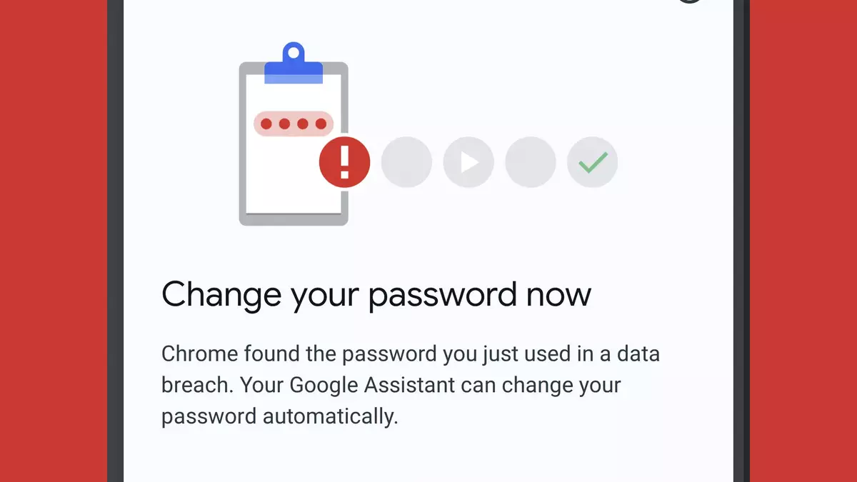 Iskačući prozor koji upozorava korisnika da je njihova lozinka otkrivena prilikom povrede podataka. Chrome također nudi pomoć u zamjeni lozinke pomoću automatiziranih alata.