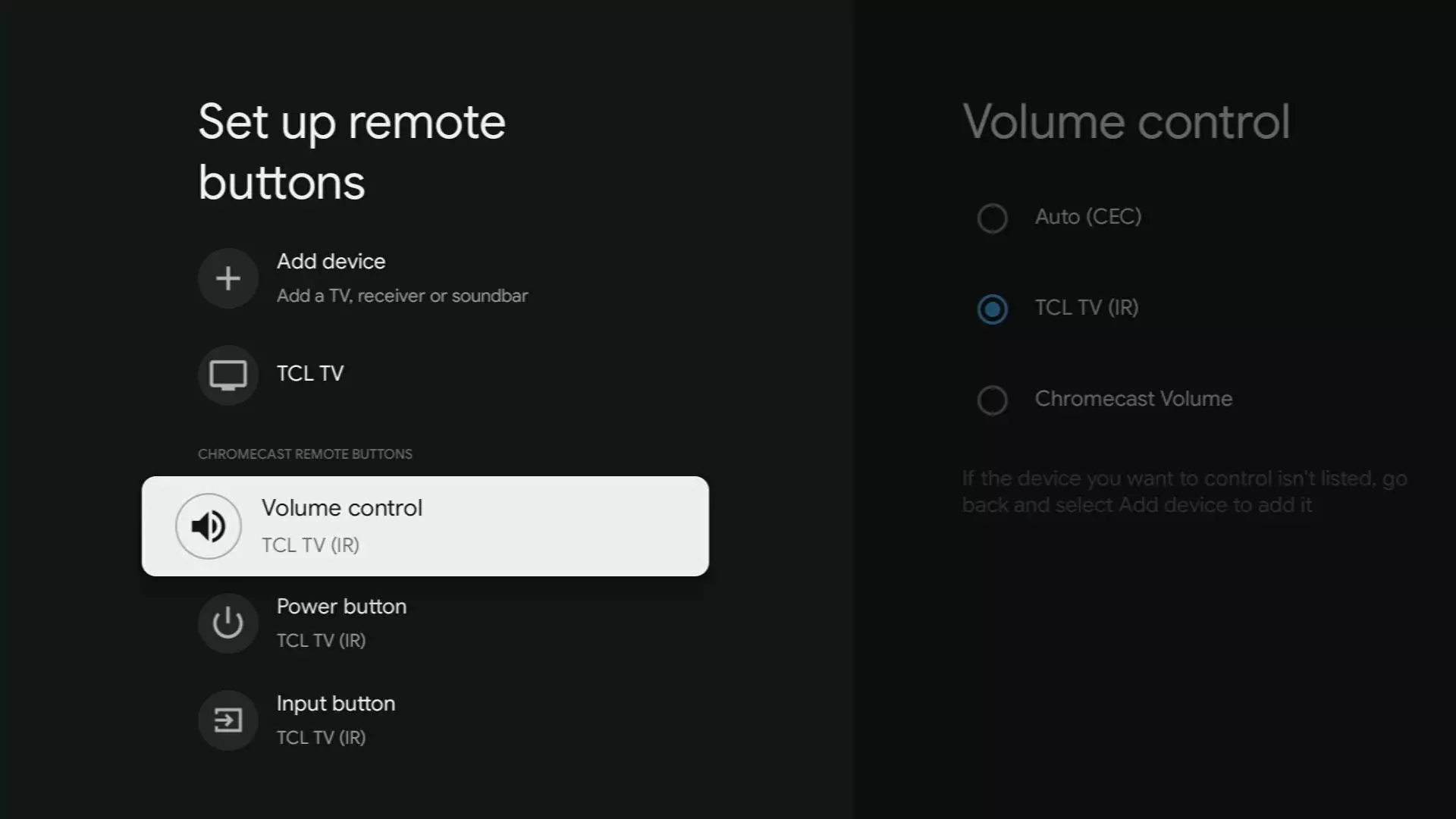 Chromecasti kaughäälestuse ekraan