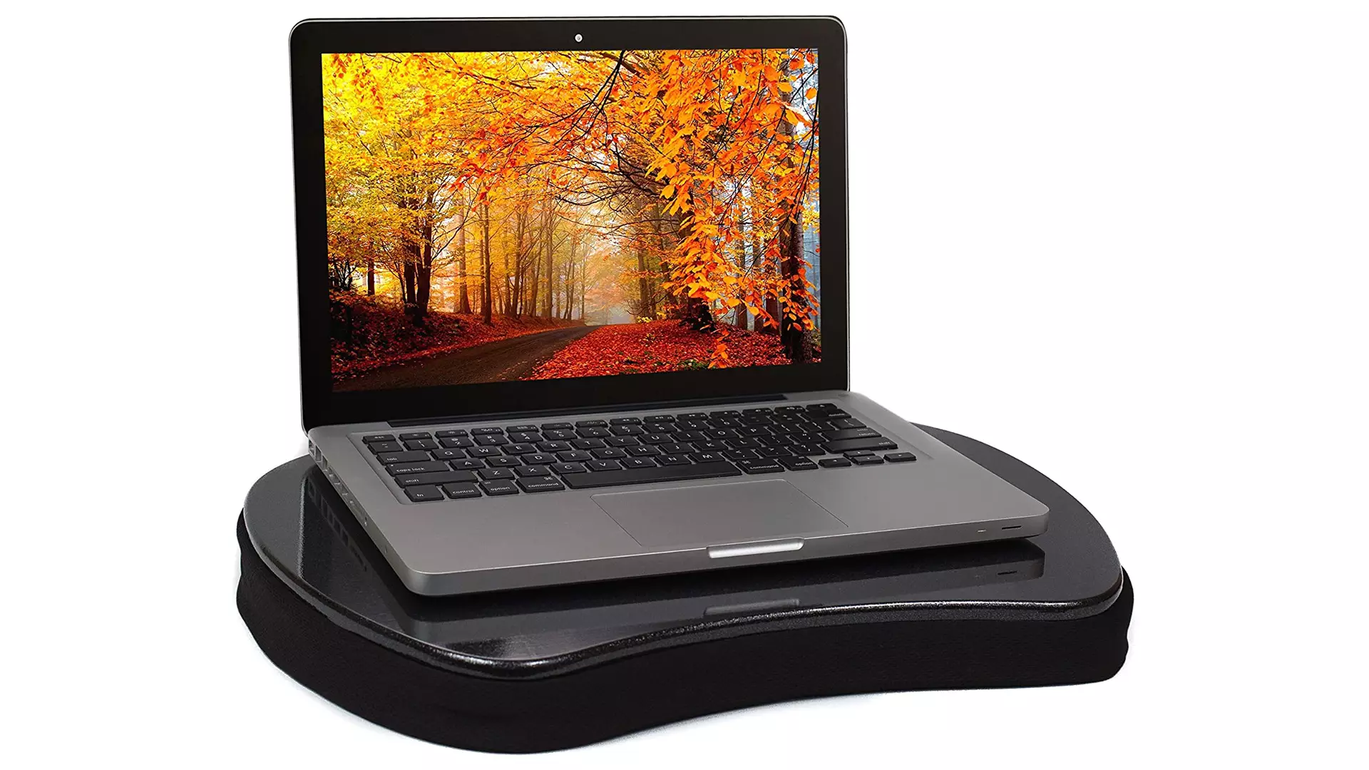 Sofia + Sam Compact Lap Desk Столік-ложак з пены памяці з адкрытым ноўтбукам на ім