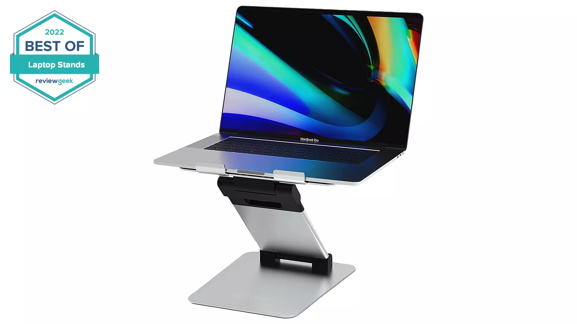 obVus سلوشنز ایڈجسٹ لیپ ٹاپ ٹاور اسٹینڈ ایک MacBook Pro کو تھامے ہوئے ہے۔