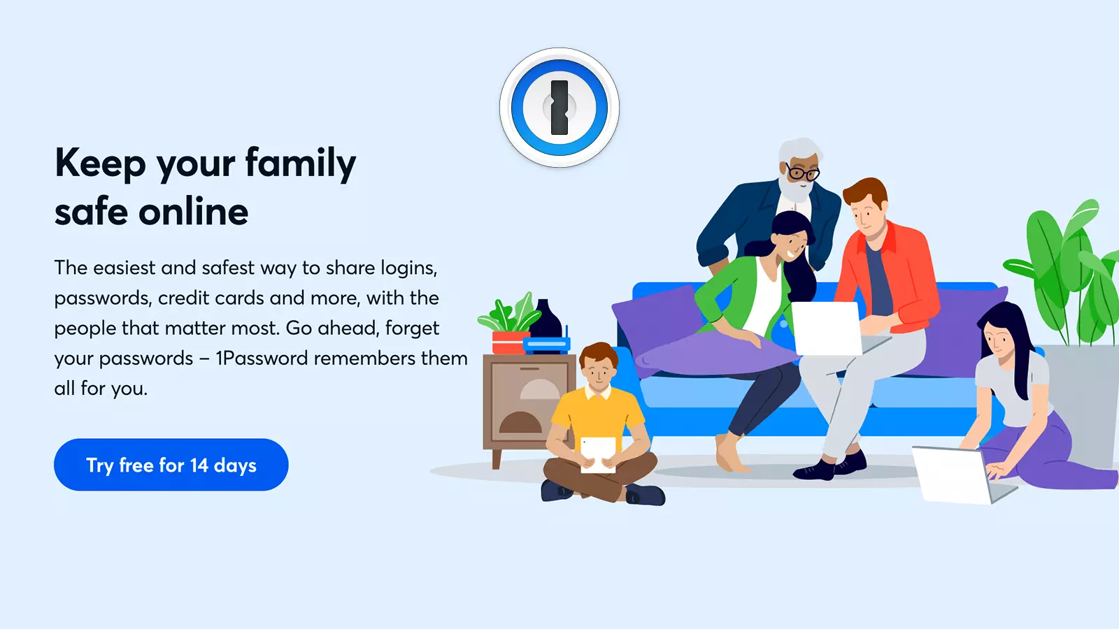 Una ilustración de una familia que usa 1Password.