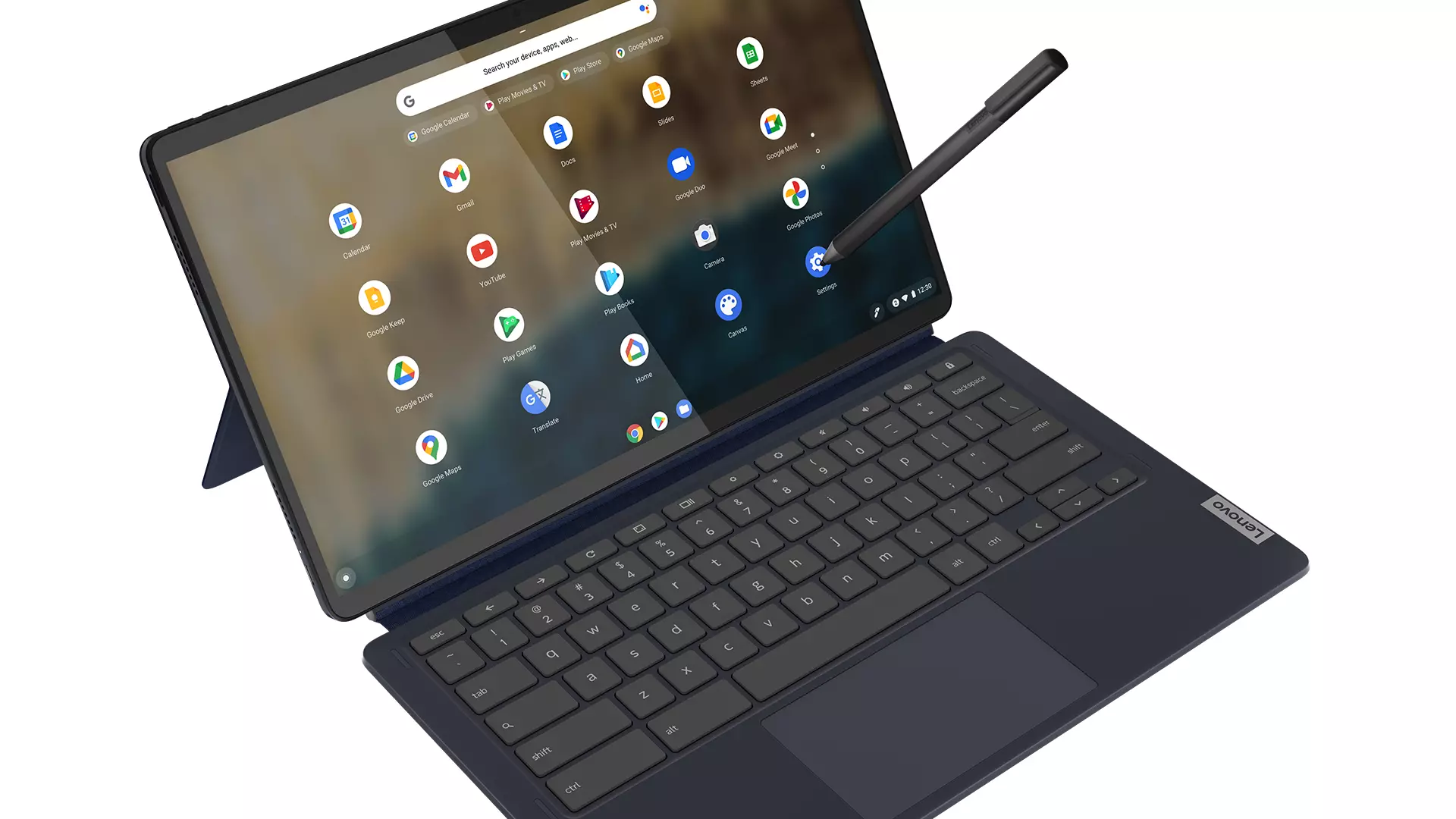 Lenovo Chromebook Duet 5 dengan keyboard dan stylus yang dapat dilepas.