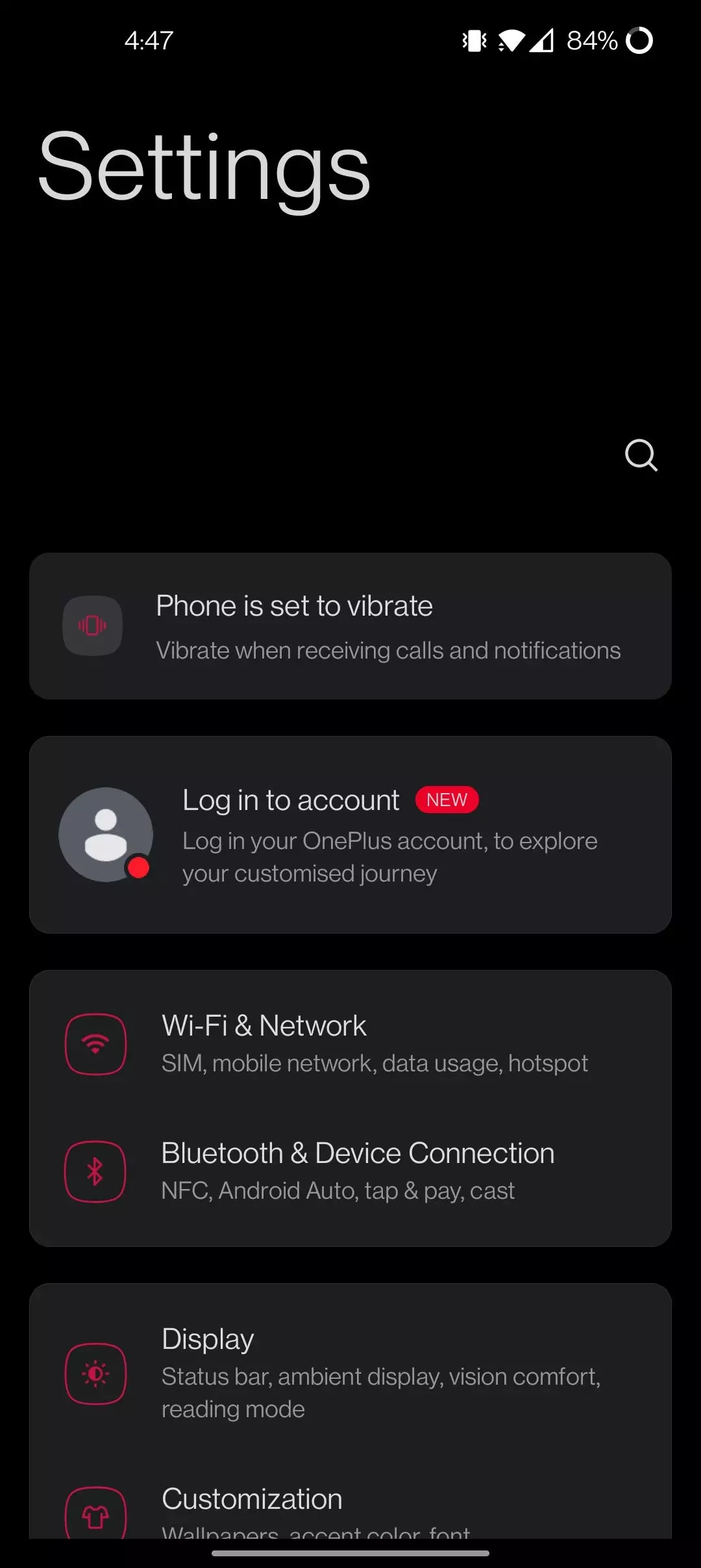 Stillingarvalmynd OnePlus 9 Pro