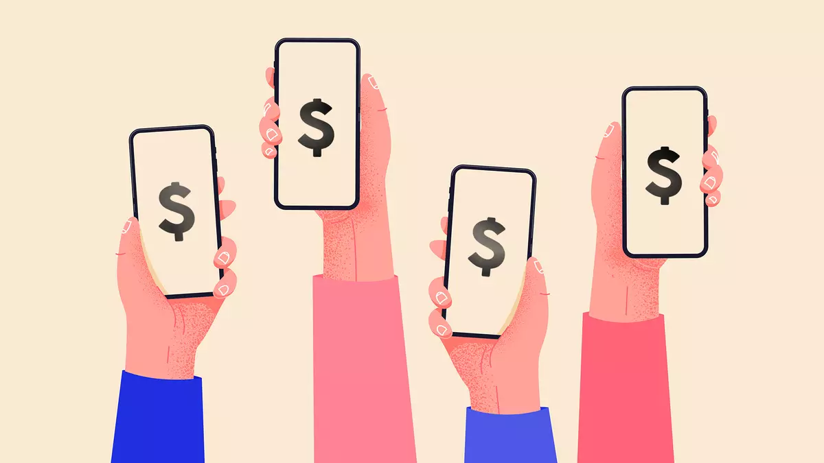 En illustration av händer som håller smartphones i luften med kontanter symboler.