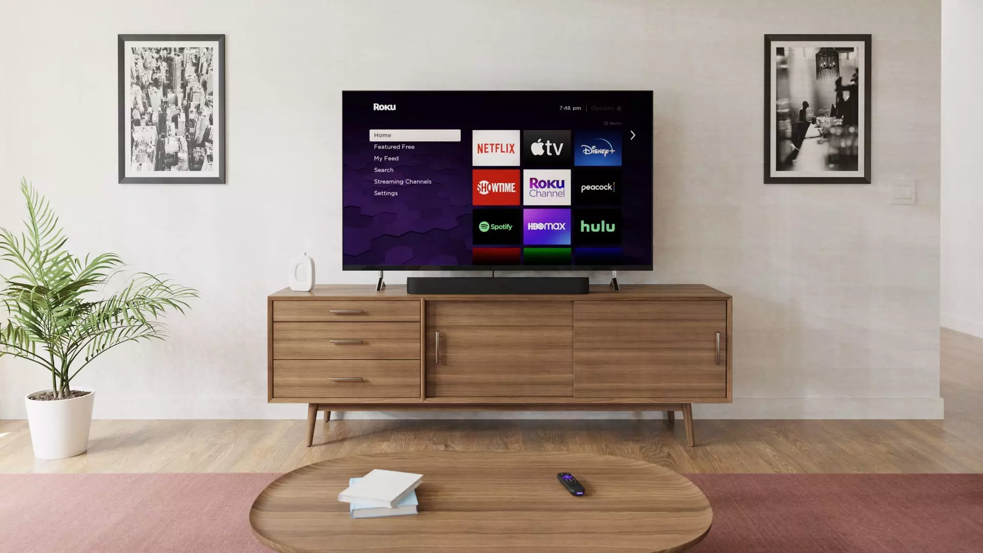 Roku Streambar Pro ao lado de uma TV