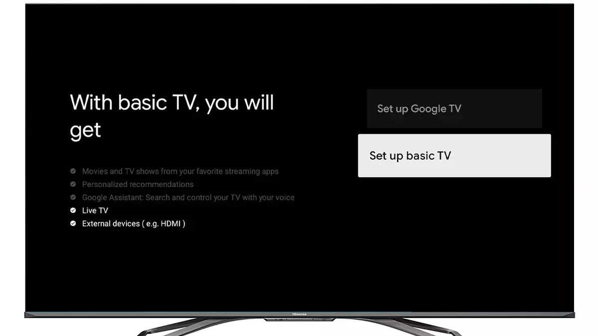 Hisense Android TV의 기본 TV 설정 화면 사진.