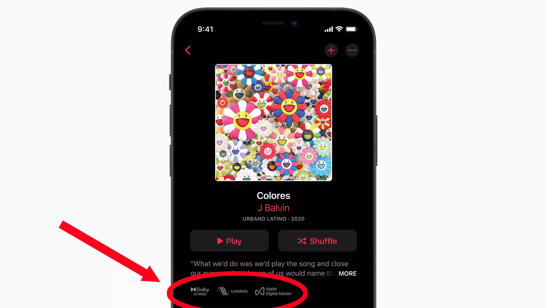 Trek di musik Apple akan memberi tahu Anda apakah trek tersebut mendukung audio lossless dan Dolby Atmos.