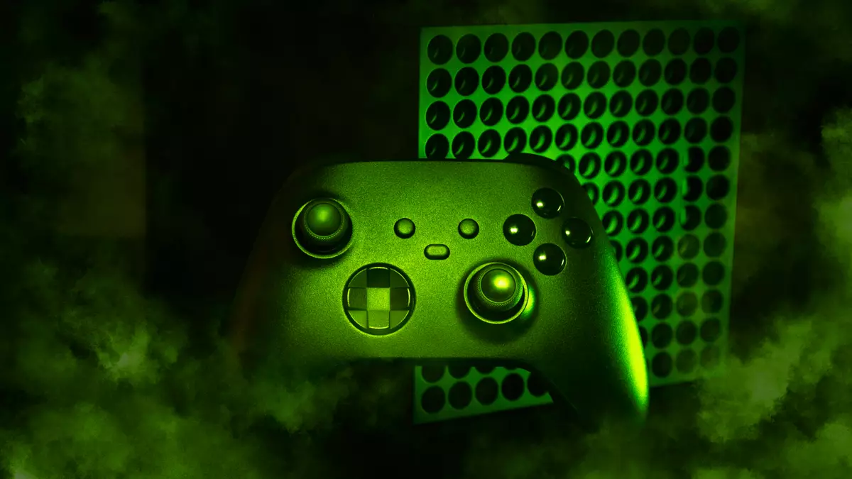 En Xbox omgitt av grønne skyer