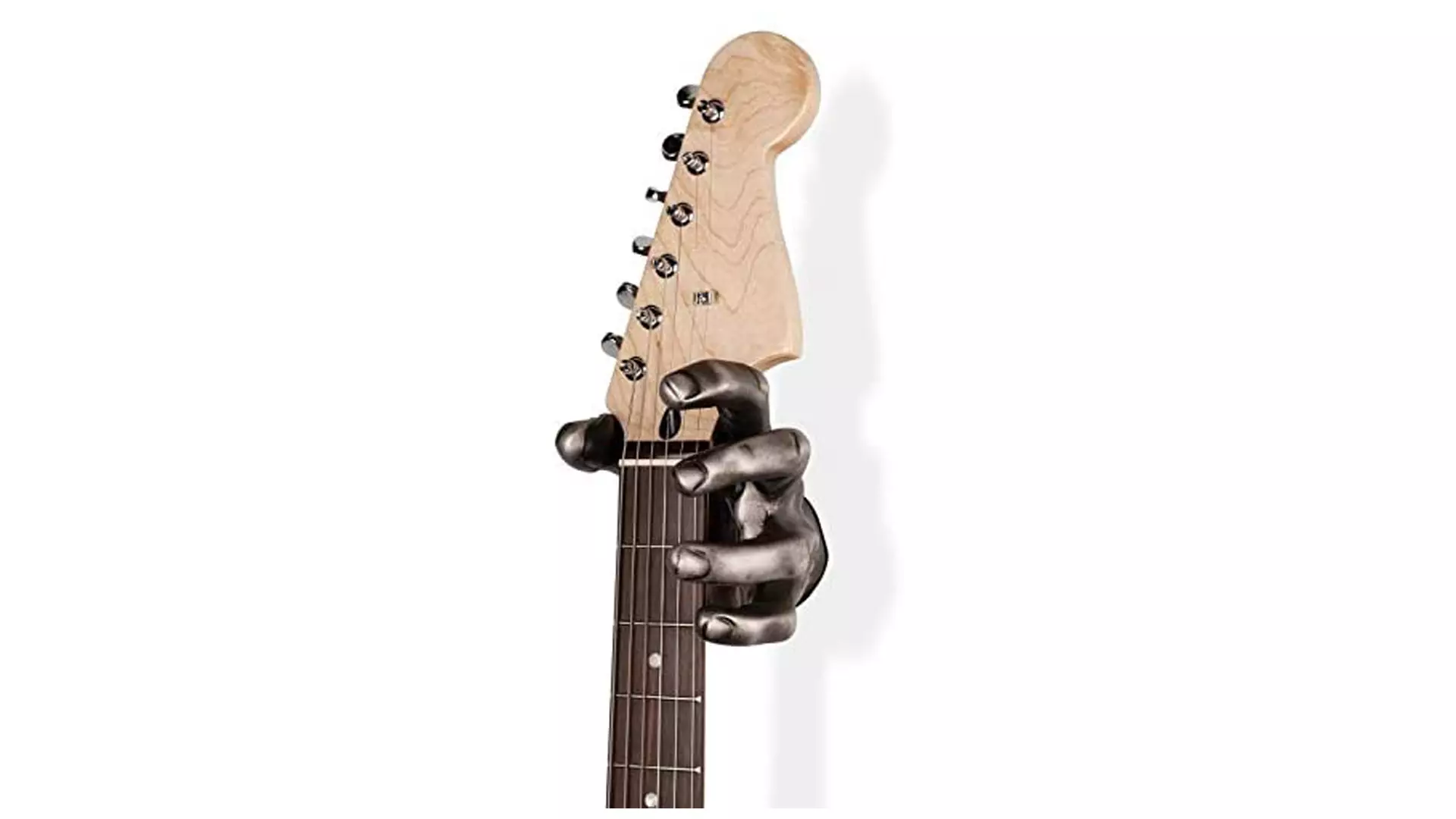 GuitarGrip ručno oblikovana vješalica za gitaru srebrnog završetka koja drži gitaru
