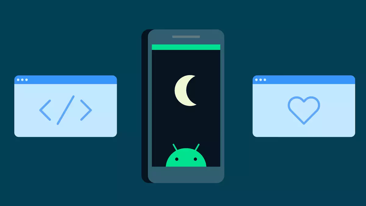 Graphique d'un smartphone avec la lune et Android à côté d'écrans d'ordinateur avec des crochets de code et un cœur