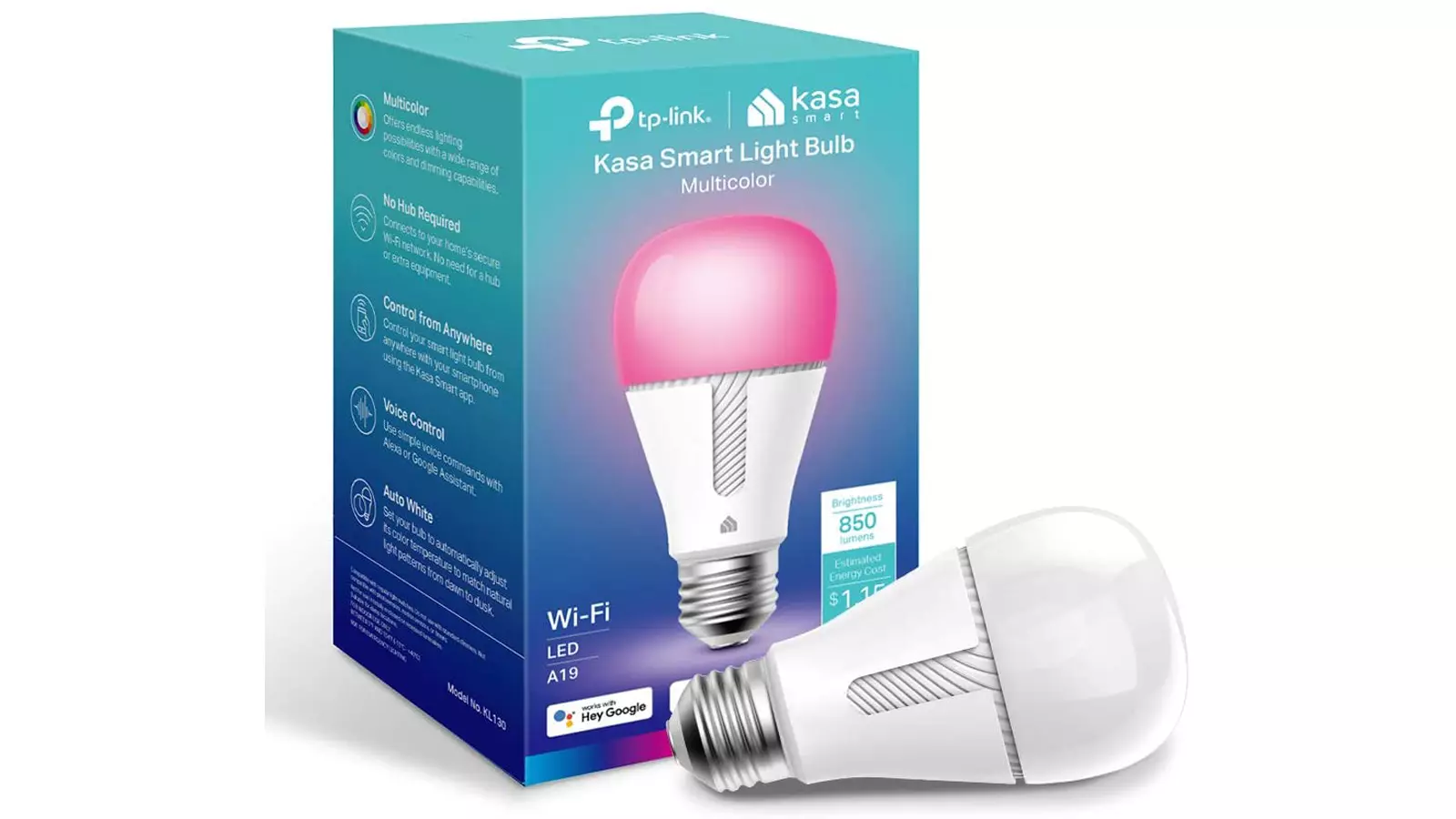 パッケージの横にある Kasa LED マルチカラー スマート電球