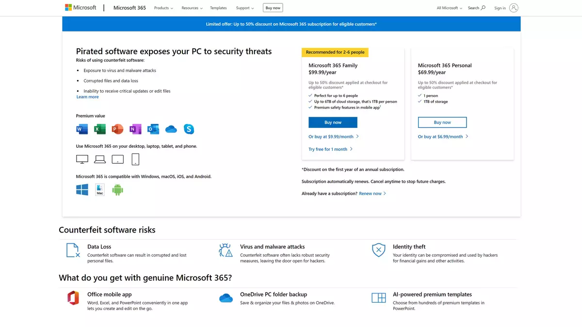 Microsoft darījumu piedāvājuma lapa pirātiskajiem Office lietotājiem