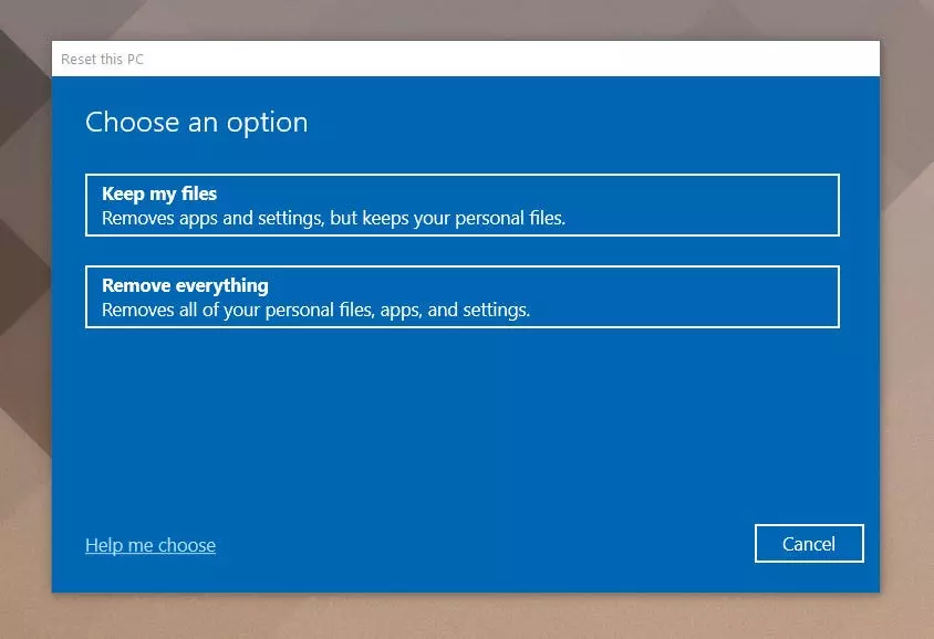Windows reset zvigadziriso dialog