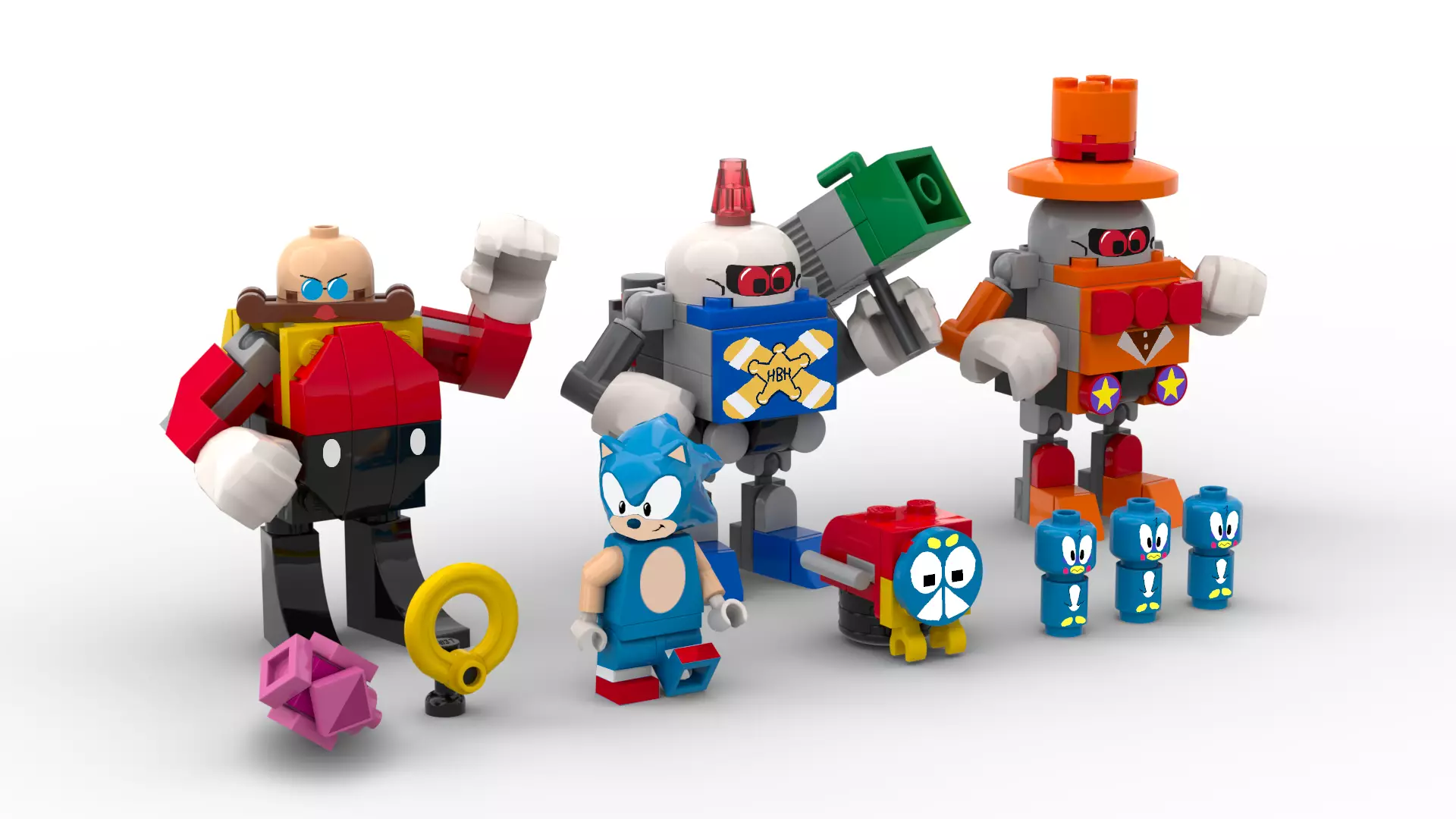 Sonic, Robotnik və bir neçə oyun düşməni də daxil olmaqla bir neçə minifiq maketi.