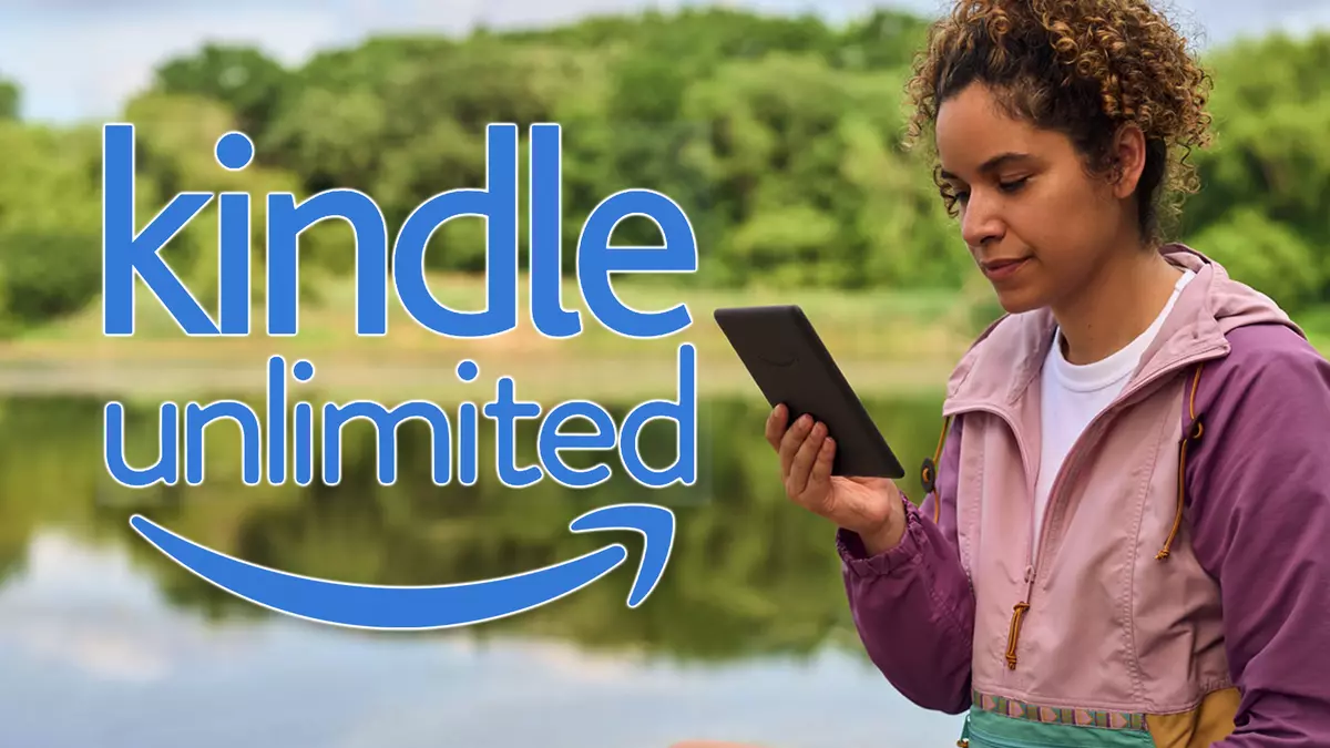 A Kindle Unlimited logó valakivel, aki Kindle-t olvas.