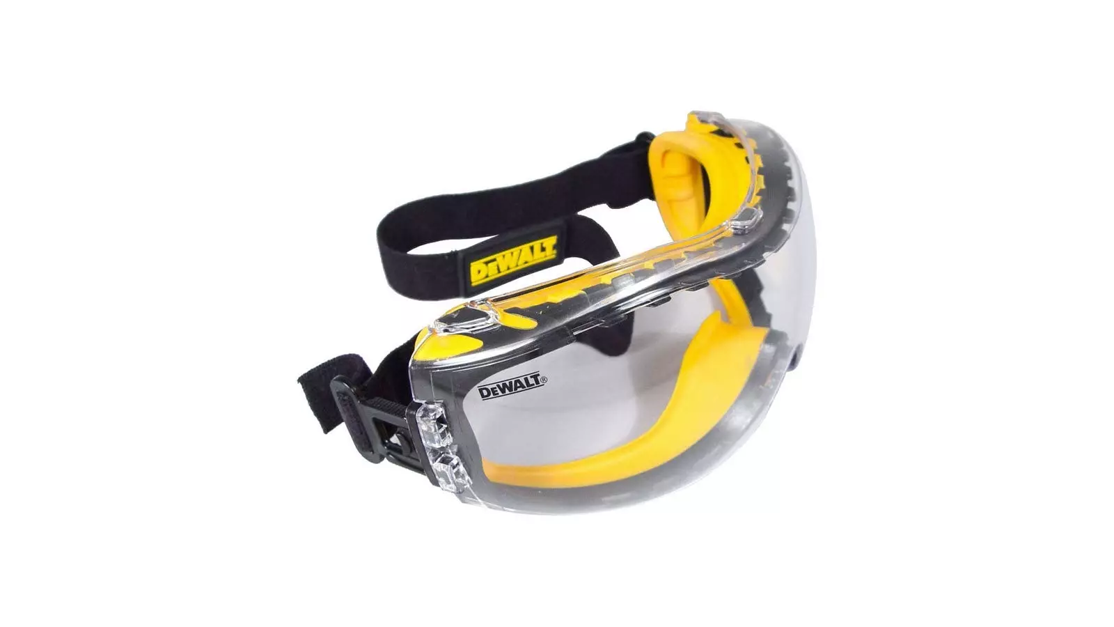 משקפי מגן צהובים של DEWALT Antifog עם רצועה שחורה.