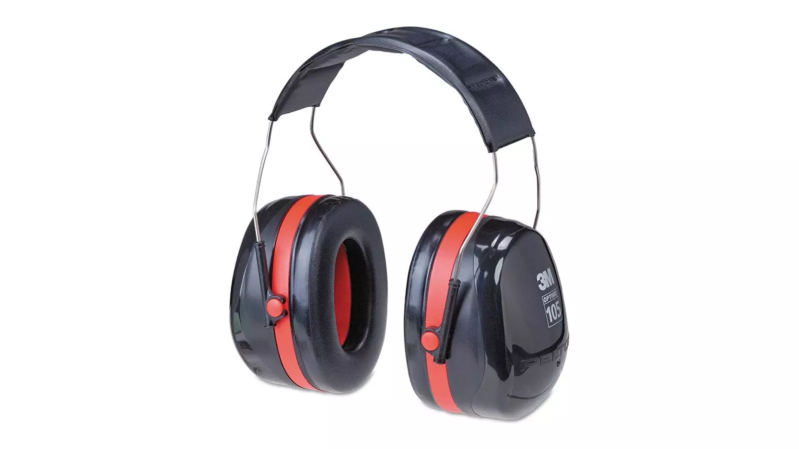 Căștile pentru urechi 3M H10A Peltor Optime 105 deasupra capului, în roșu și negru.