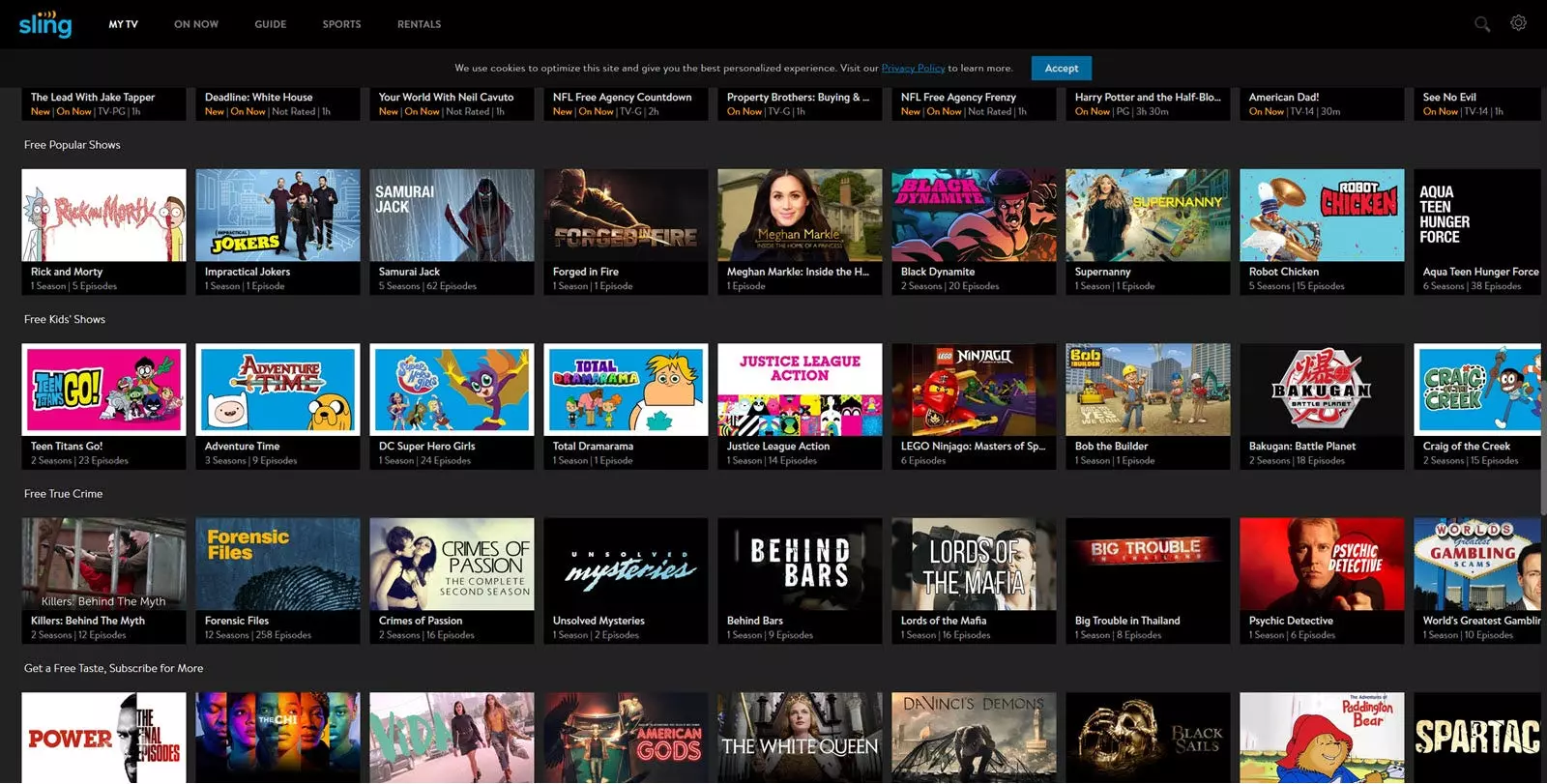 Sling-nettstedet som viser flere filmer og TV-serier gratis.