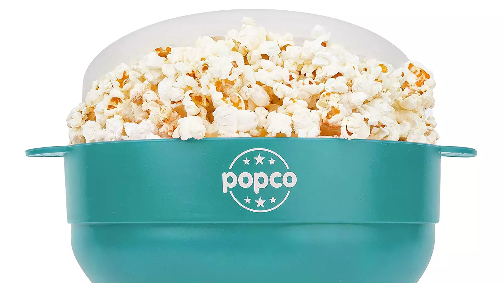 Original Popco Silicone Microwave Popcorn Popper en verde azulado con palomitas de maíz en el interior
