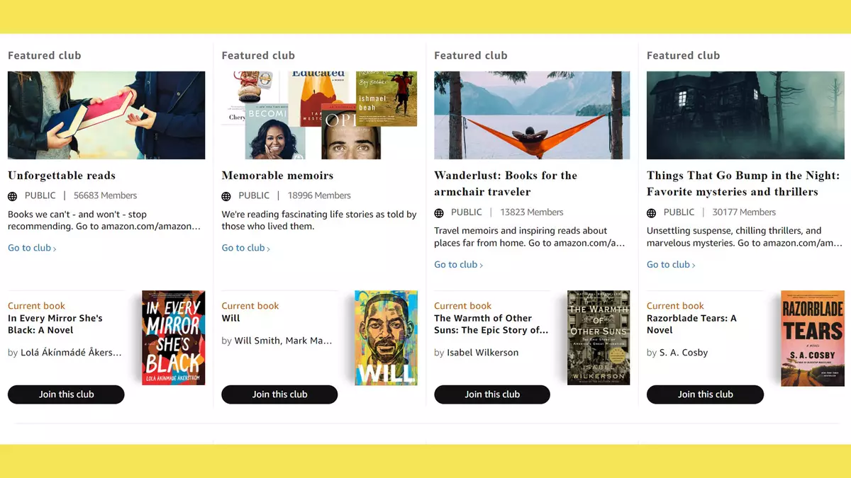 Amazon Book Clubs मुख्यपृष्ठ, चार भिन्न क्लब दर्शवित आहे जे कोणालाही सामील होण्यासाठी खुले आहेत.