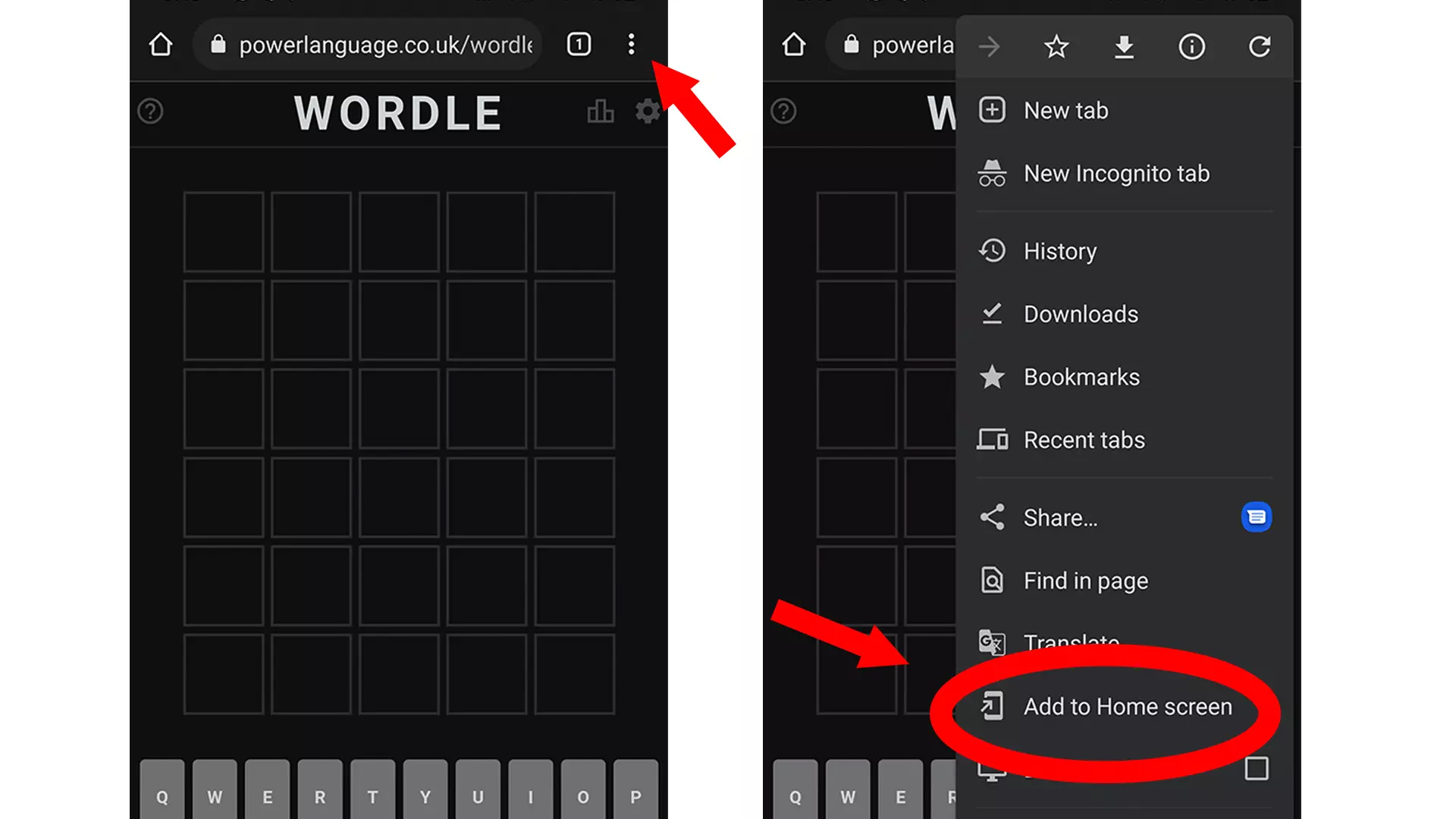 Imagem mostrando como adicionar Wordle à tela inicial do Android.