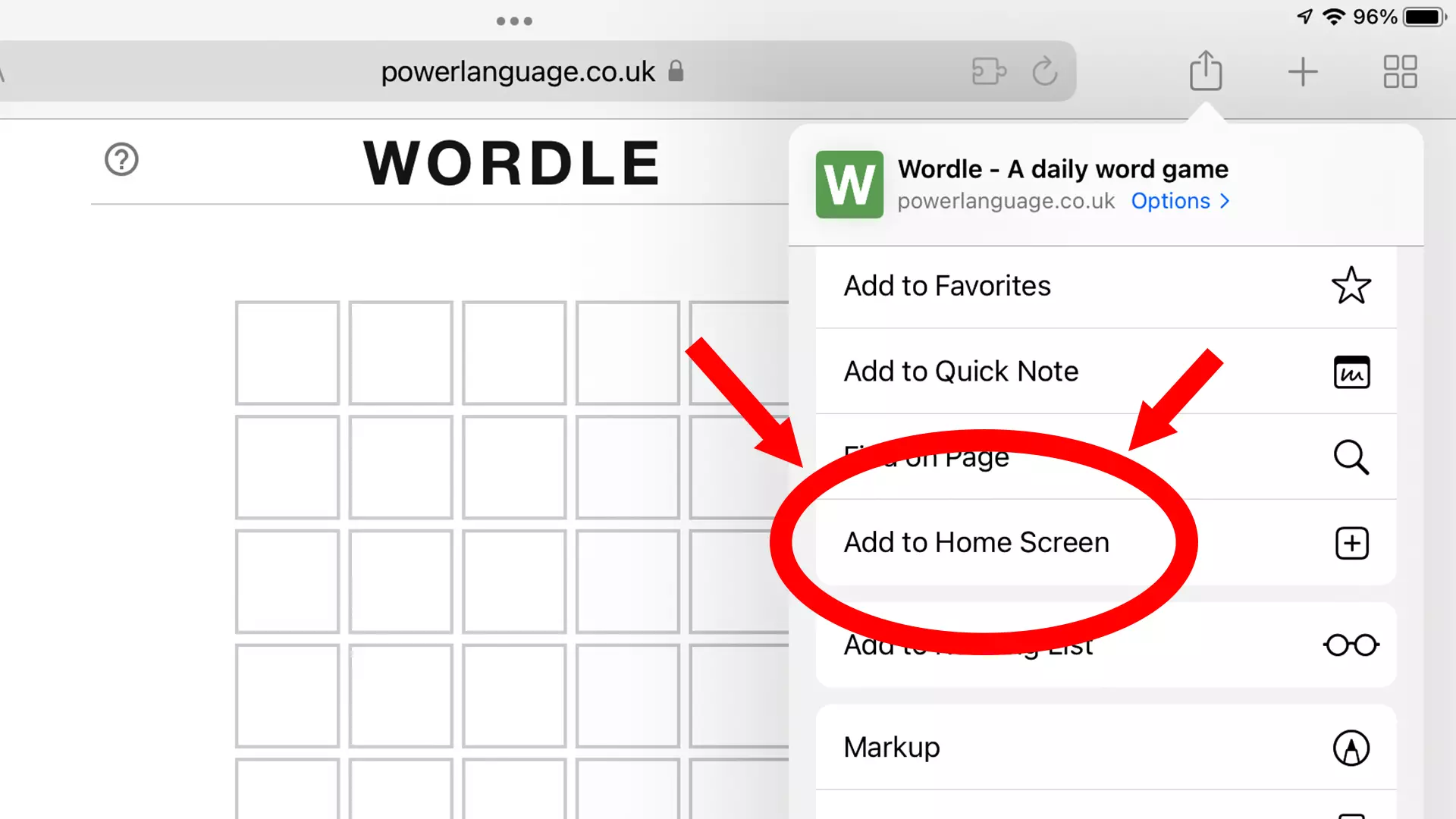 Зображення, на якому показано, як додати Wordle на головний екран iPhone або iPad.