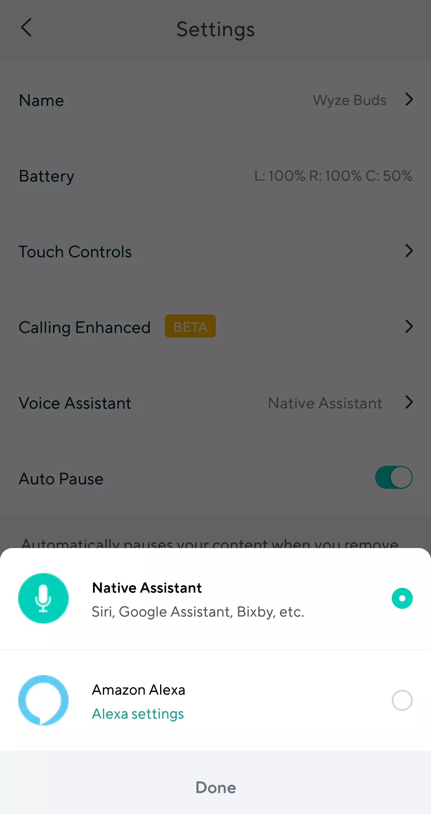 Wyze 앱에서 사용할 음성 도우미를 묻는 메시지입니다.
