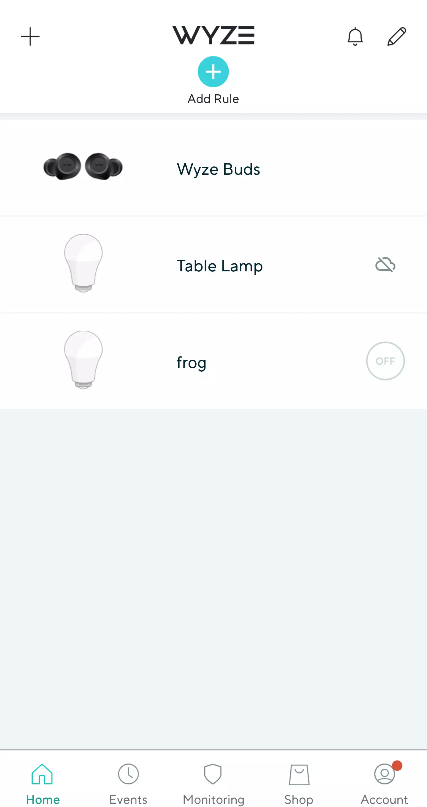 слика на почетната страница на апликацијата Wyze со Wyze пупки и две Wyze светилки.