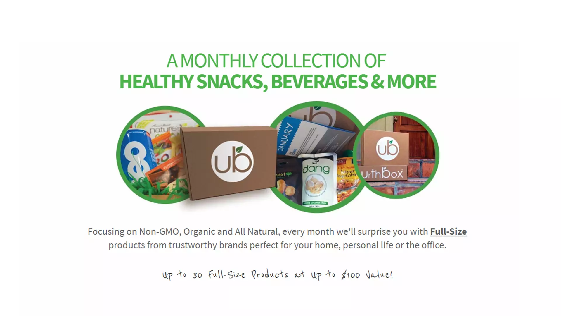 слика на веб-страницата на Urthbox на која се прикажани некои закуски што доаѓаат со Urthbox.