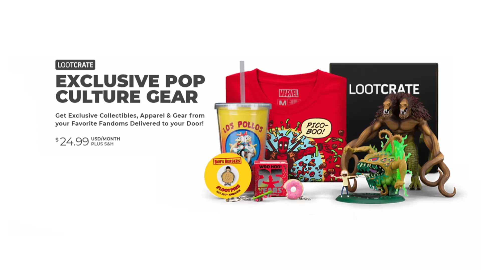 слика на веб-страницата на Lootcrate. Тоа е еден куп гадлива опрема, како што се кошулите на Deadpool и чашите Breaking Bad.