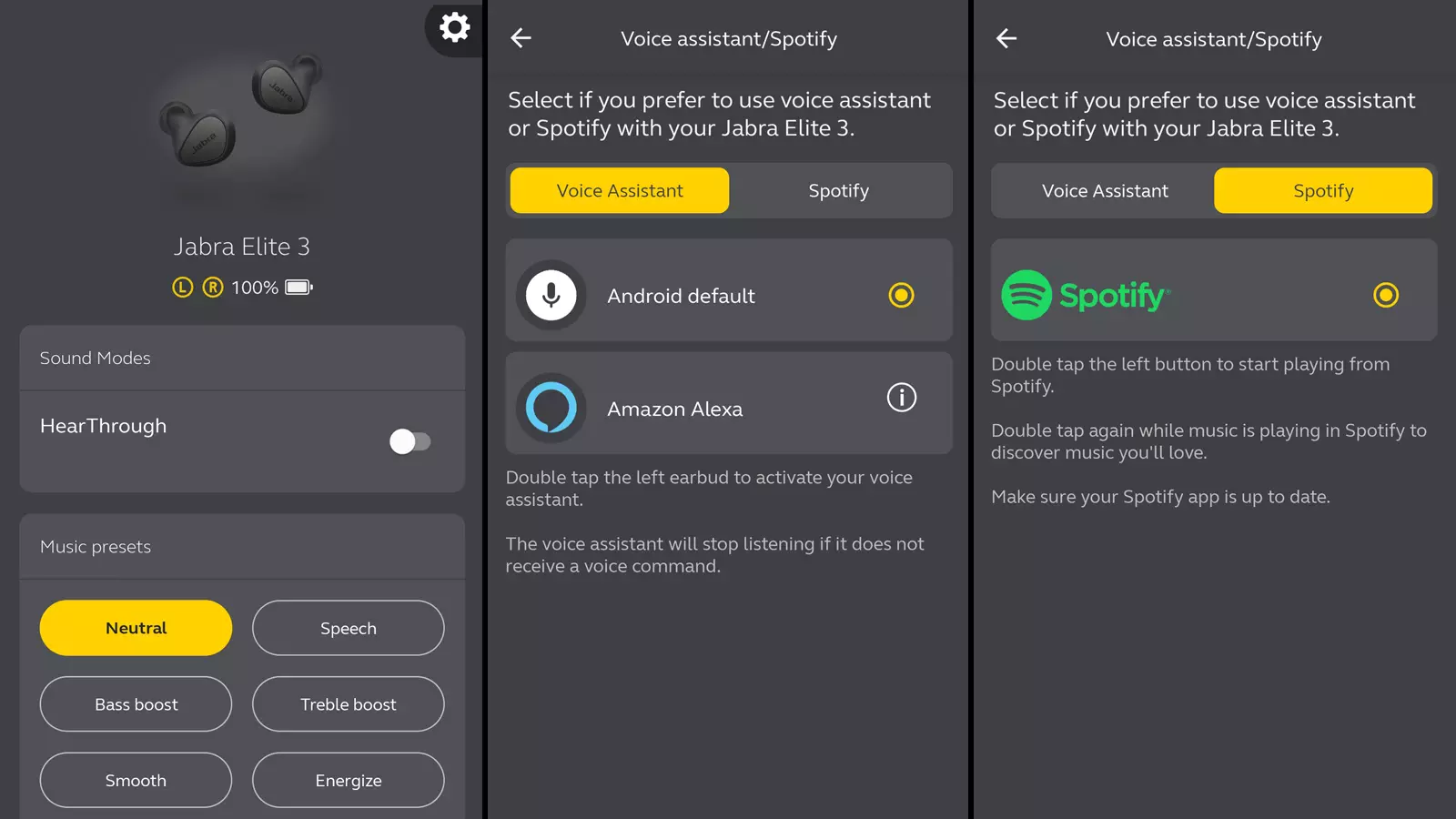 Апликацијата Jabra's Sound+ што прикажува претходно поставени музички и опции за мапирање на копчињата