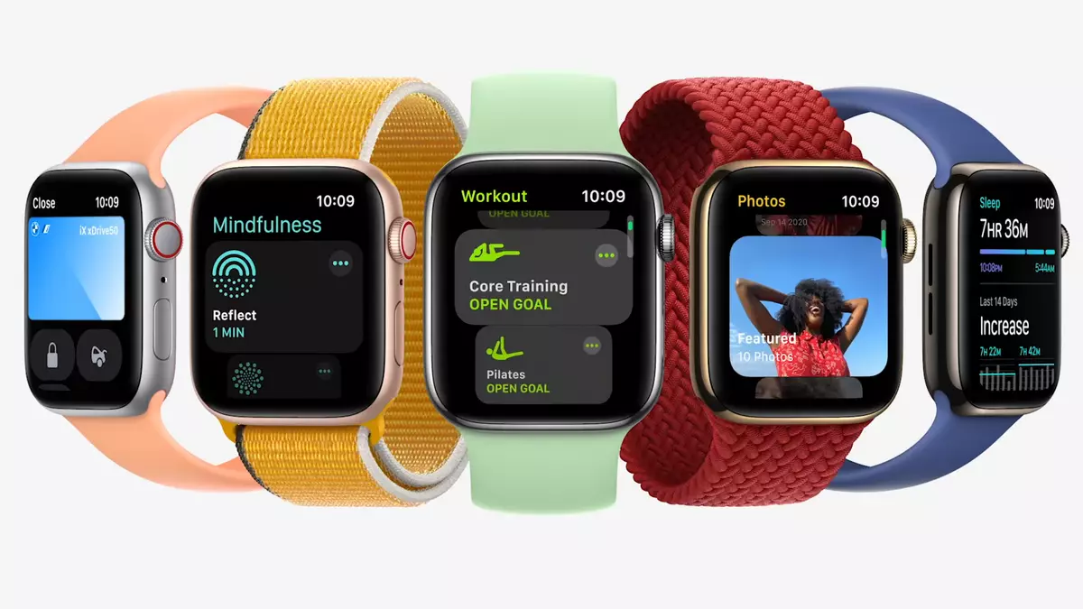 Apple Watch Series 7 σε διάφορες γωνίες και χρώματα ζώνης και στυλ