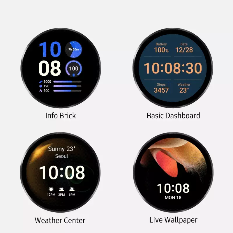 Ένα GIF που δείχνει το Galaxy Watch 4 Info Brick, τον βασικό πίνακα ελέγχου, το κέντρο καιρού και τη ζωντανή ταπετσαρία