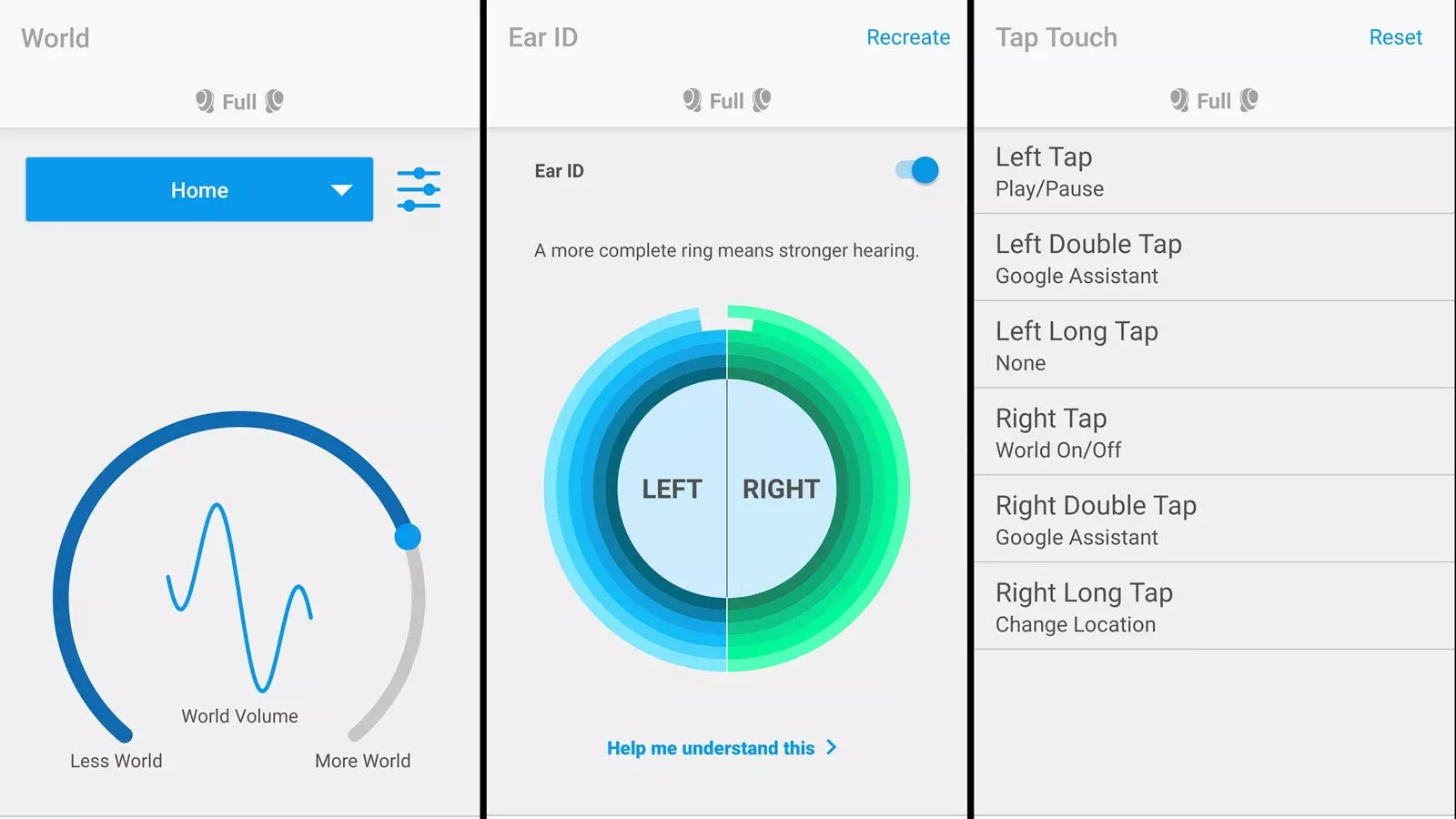 Aplikacija Nuheara koja prikazuje prilagođavanje zvuka, EarID test sluha i kontrole dodira.