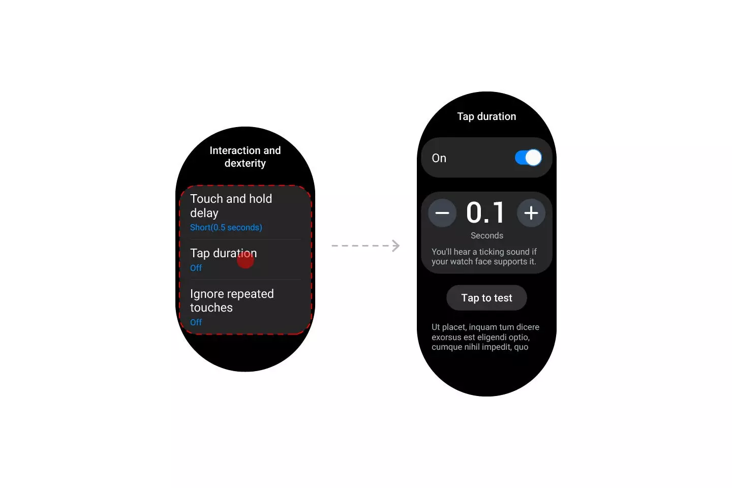Configuración de accesibilidade do atraso da interacción en One UI Watch 4.5.