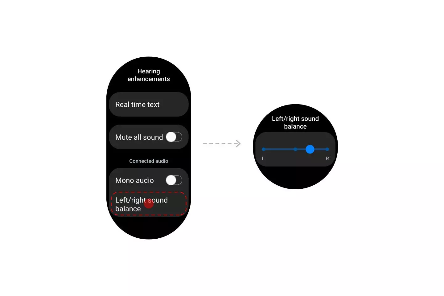 Impostazioni di accessibilità audio in One UI Watch 4.5.