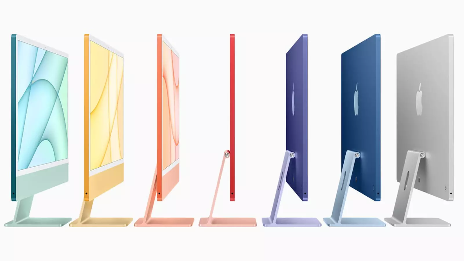 Siedem nowych komputerów iMac firmy Apple w różnych kolorach ustawionych w szeregu i oglądanych z boku