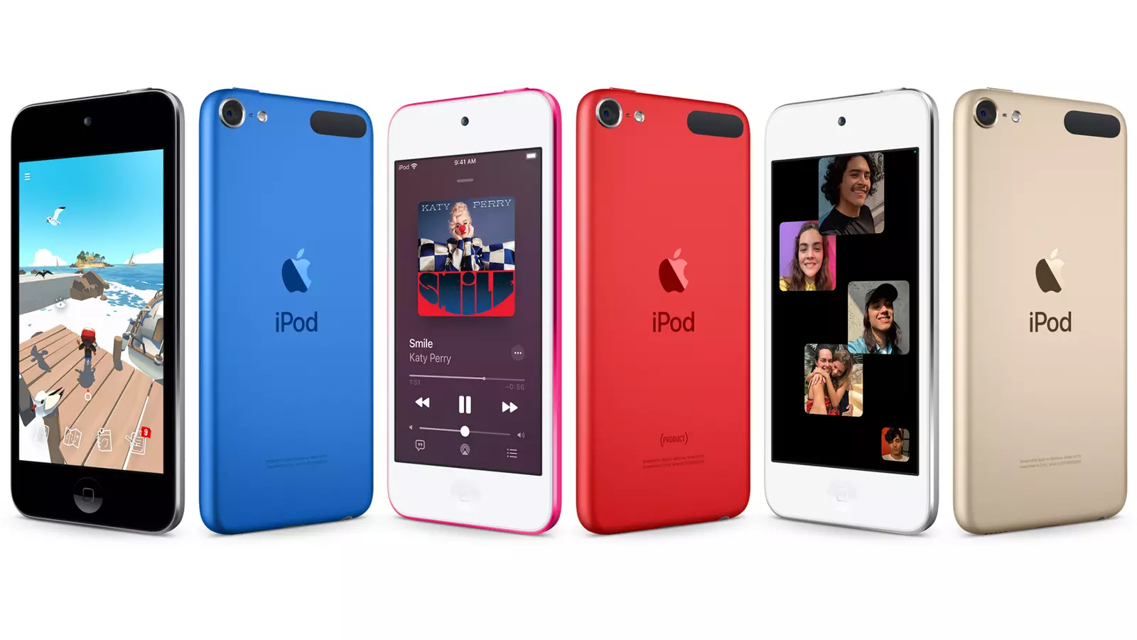 Kilka urządzeń iPod Touch w trzech kolorach wyświetla przód i tył urządzenia