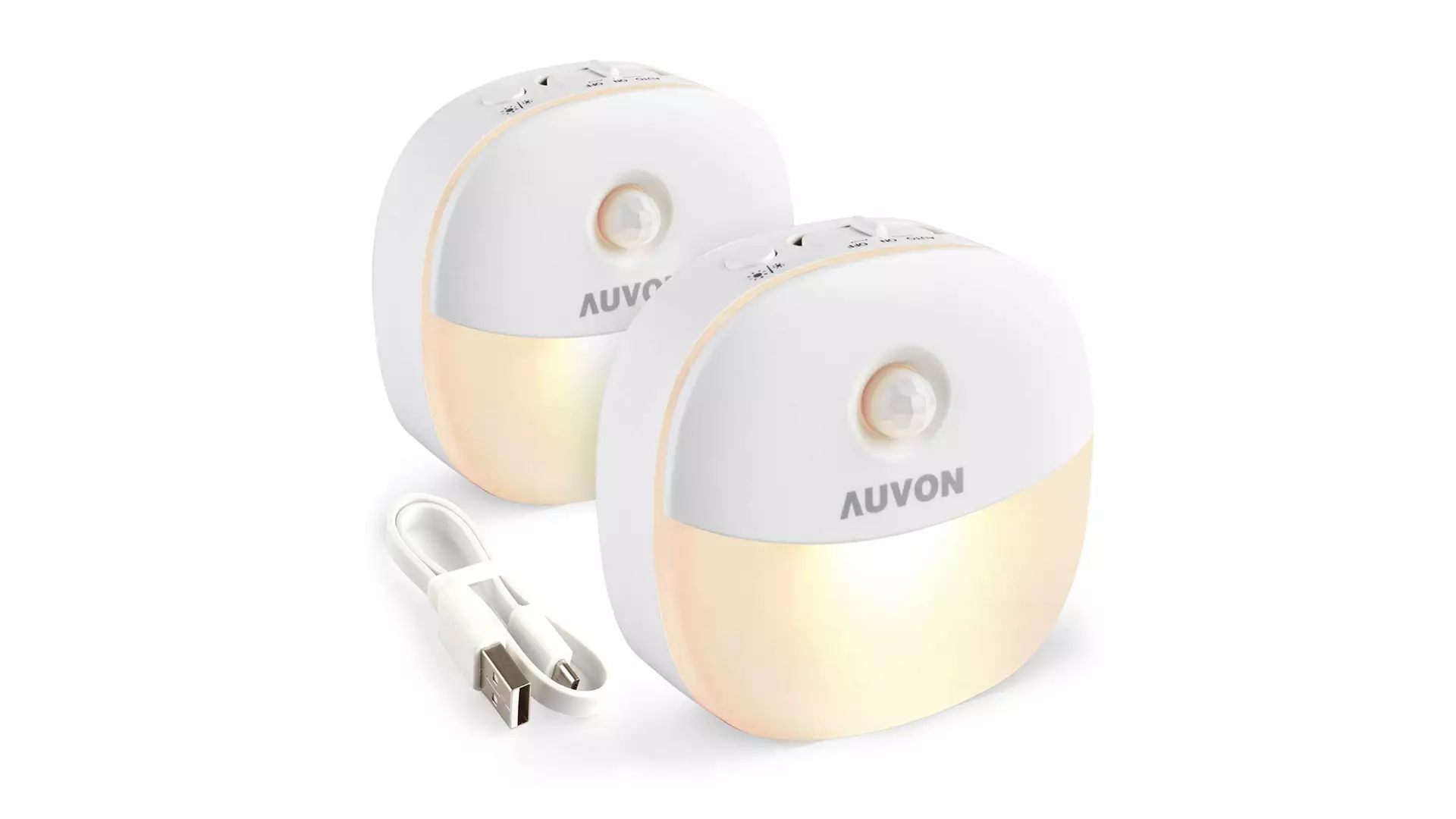 Dva dobíjacie pohybové senzory AUVON Puck Lights a USB kábel.