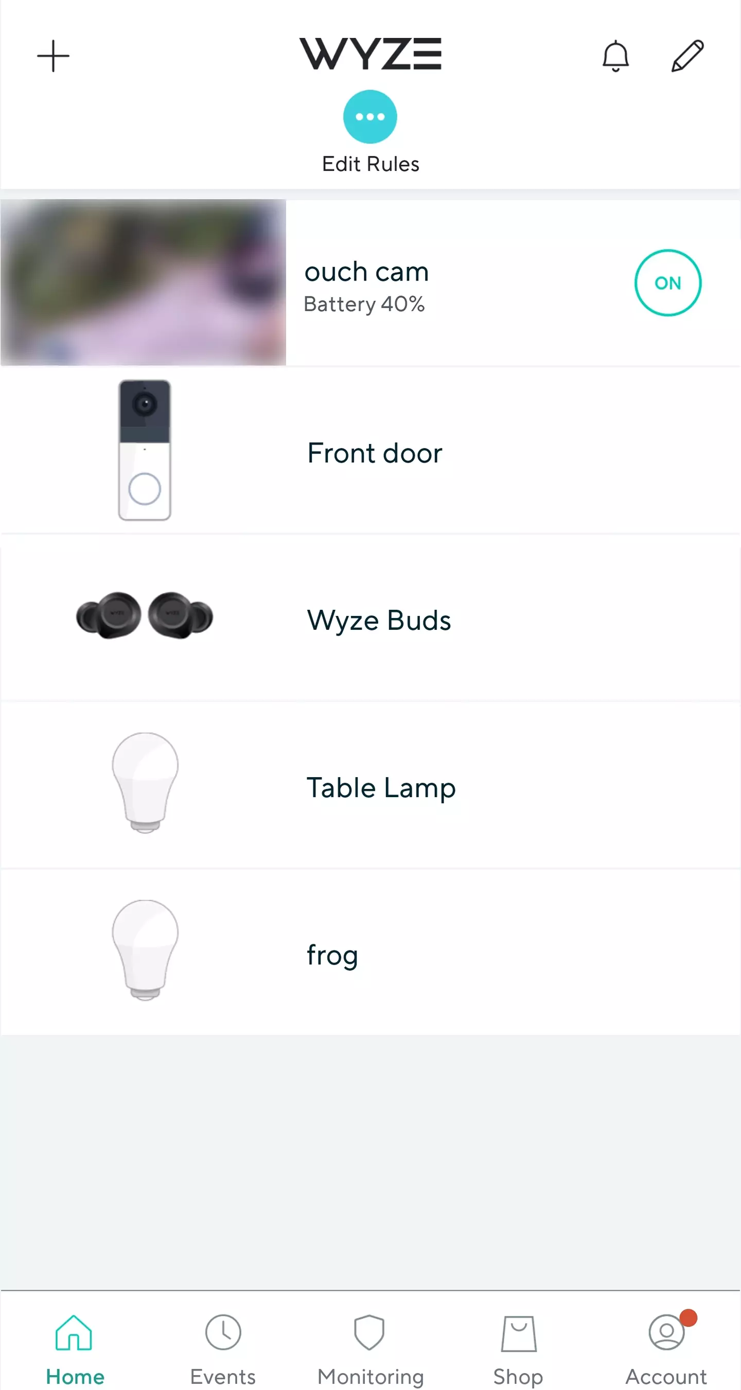 A pantalla de inicio da aplicación Wyze mostra todos os meus dispositivos Wyze.